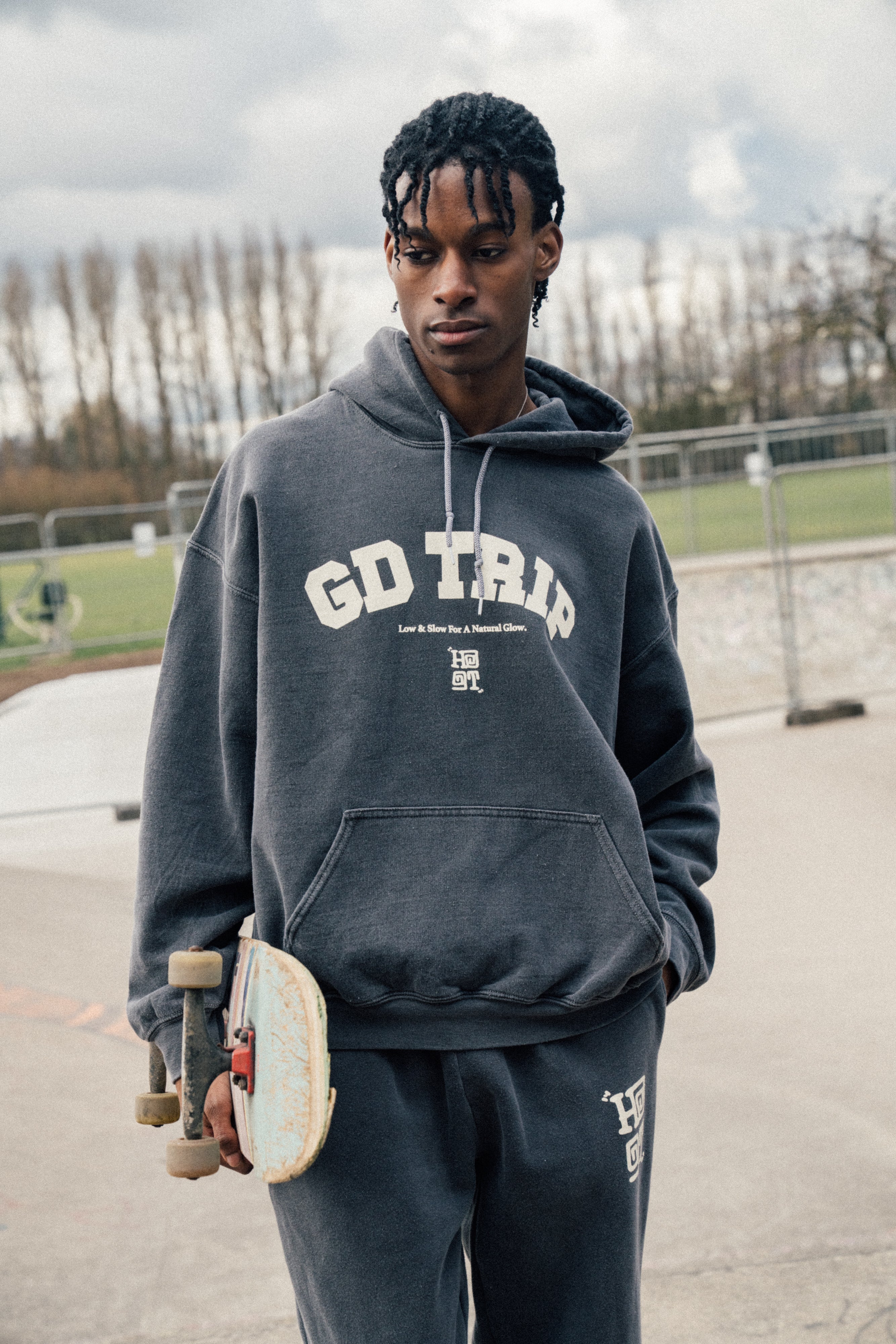HAVE A GD TRIP 'Varsity' Vintage Washed Hoodie - Charcoal – UN:IK Clothing
