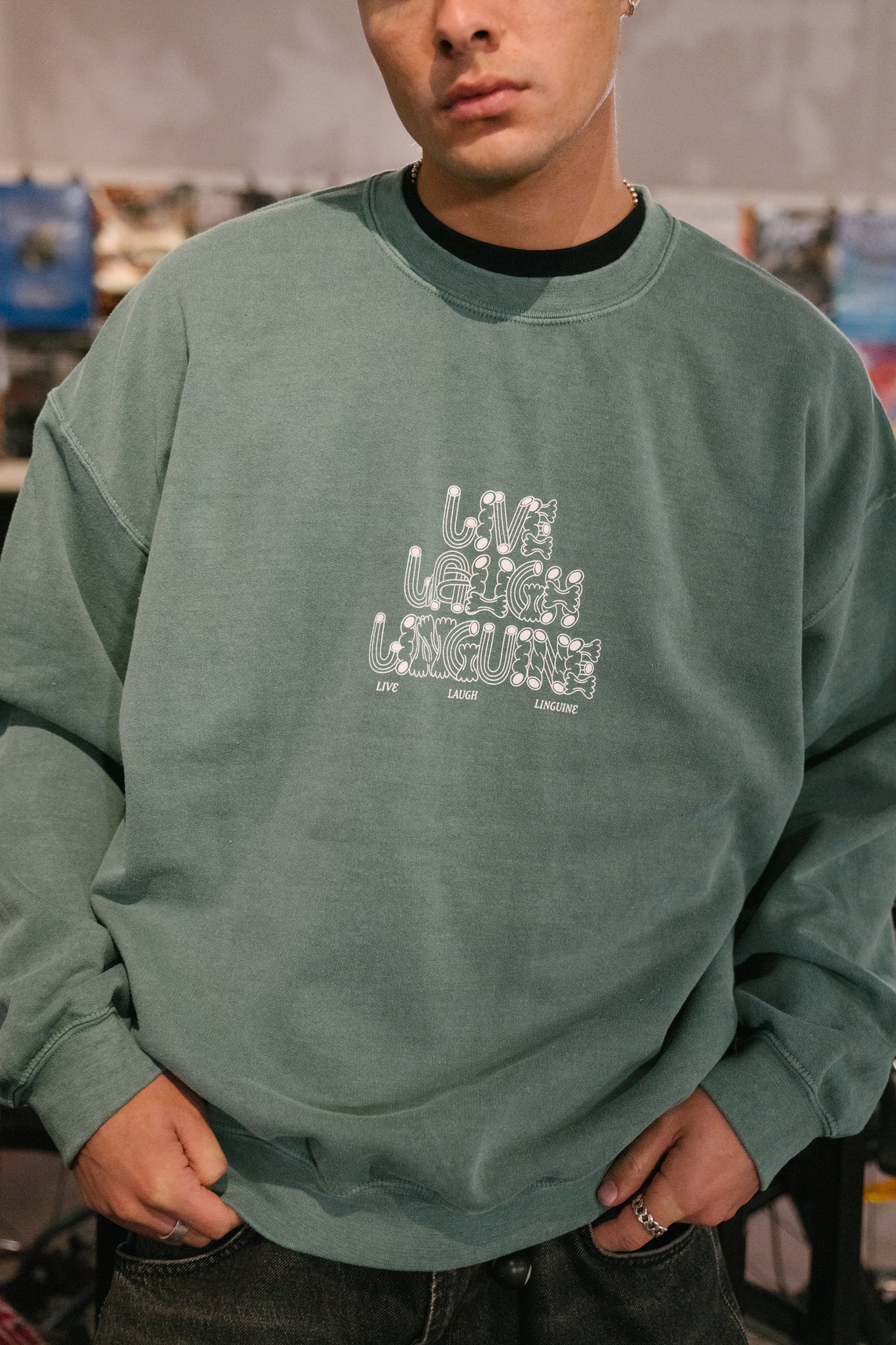 Other Side Store 'Live Laugh Linguine' Sweater - Vintage Washed Green ...