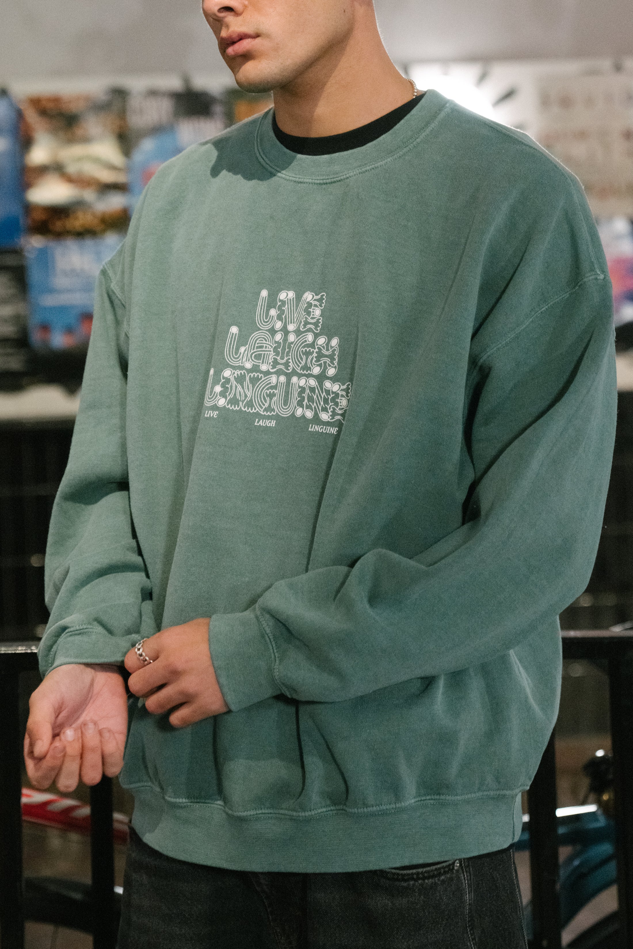 Other Side Store 'Live Laugh Linguine' Sweater - Vintage Washed Green ...