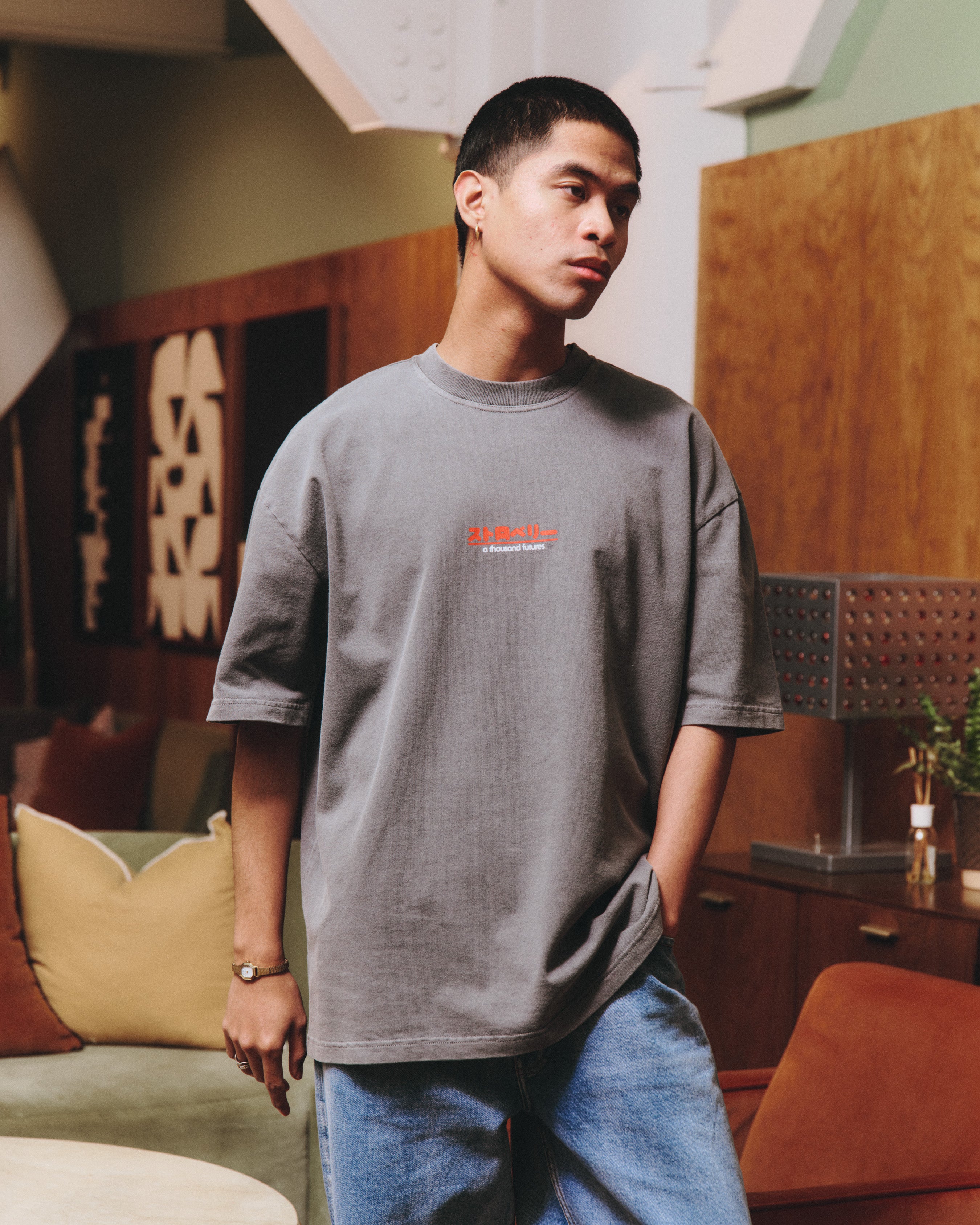 A Thousand Futures x GK 'Strawberry' Vintage Washed Tee - Charcoal – UN ...